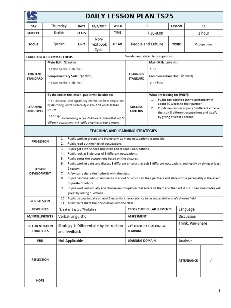 English Lesson Plan: People & Culture | PDF | Learning | Lesson Plan