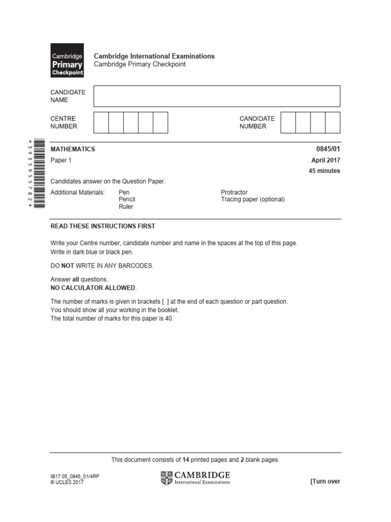 Cambridge Primary Checkpoint Maths Paper | PDF | Arithmetic | Mathematics