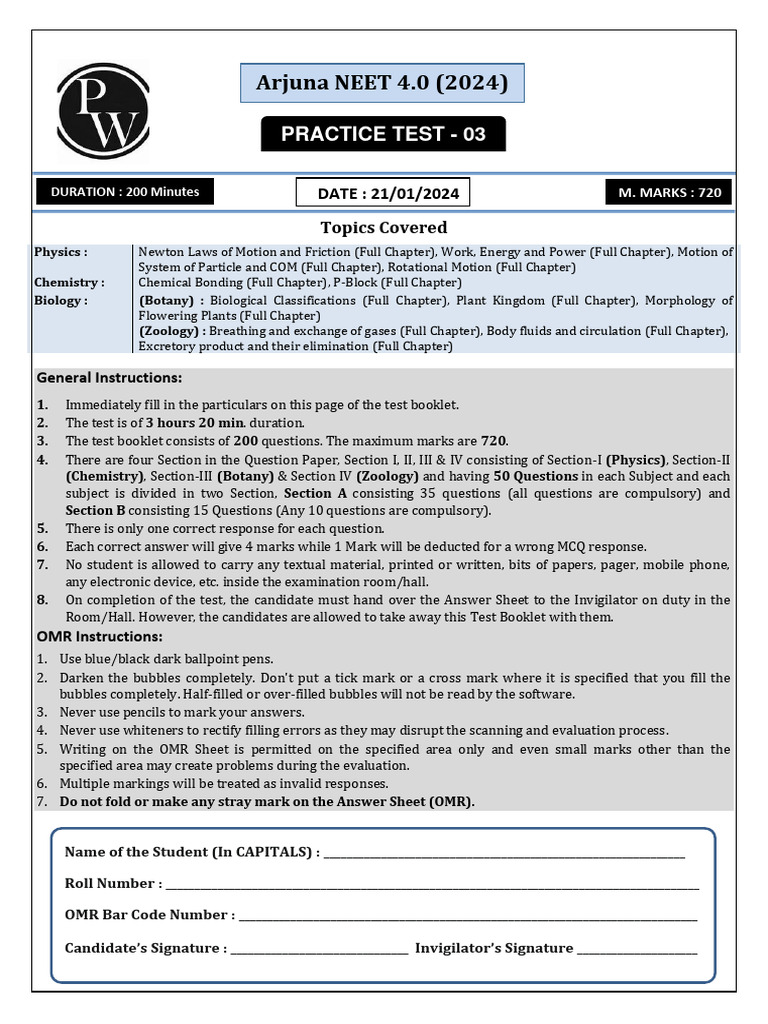 Practice Test 03 - Test Paper - Arjuna NEET 4.0 2024 | PDF | Force ...