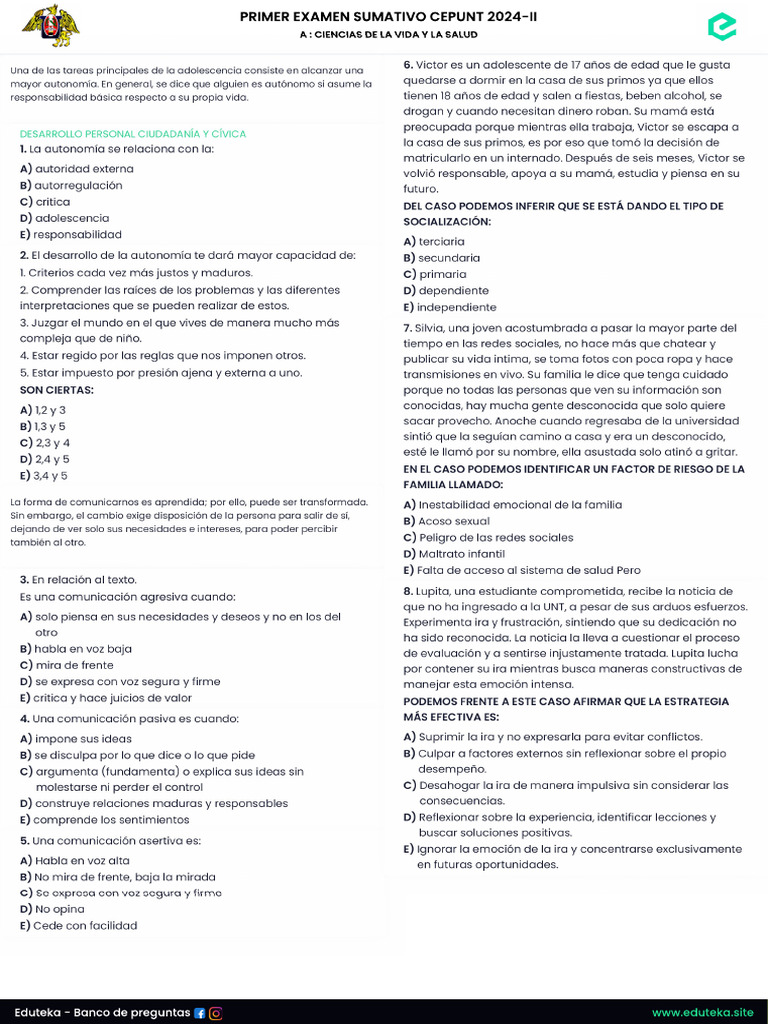 Primer - Examen Sumativo Cepunt 2024-II A - Eduteka - 1716249943493 | PDF