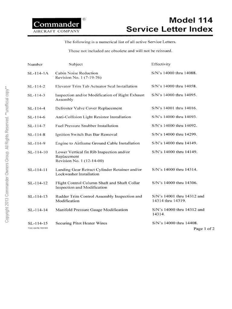 114A Service Letters As of July 2001 | PDF | All Rights Reserved ...