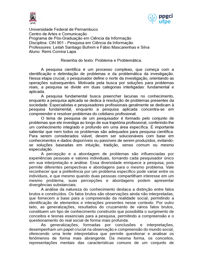 Resenha Do Texto Problema e Problemática - Versão Final | PDF | Sociologia | Science