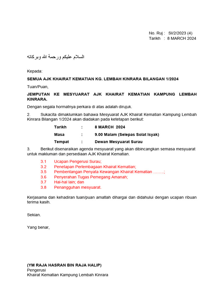 CONTOH SURAT JEMPUTAN MESYUARAT (1) | PDF