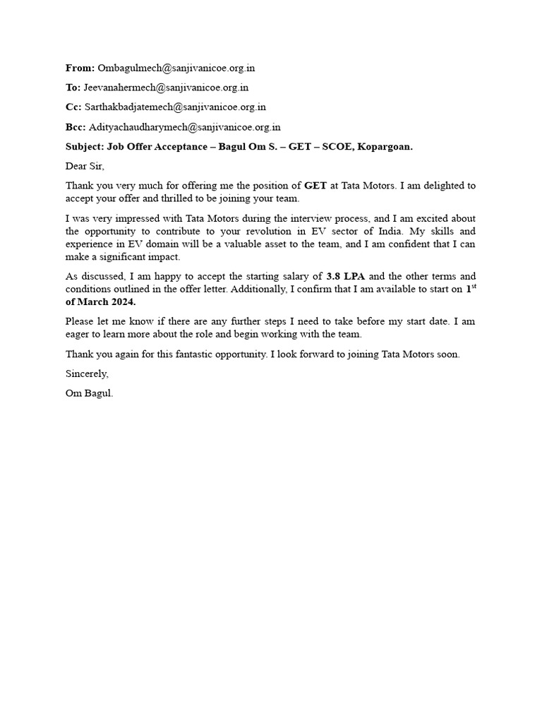 Sample Job Acceptance Letter | PDF