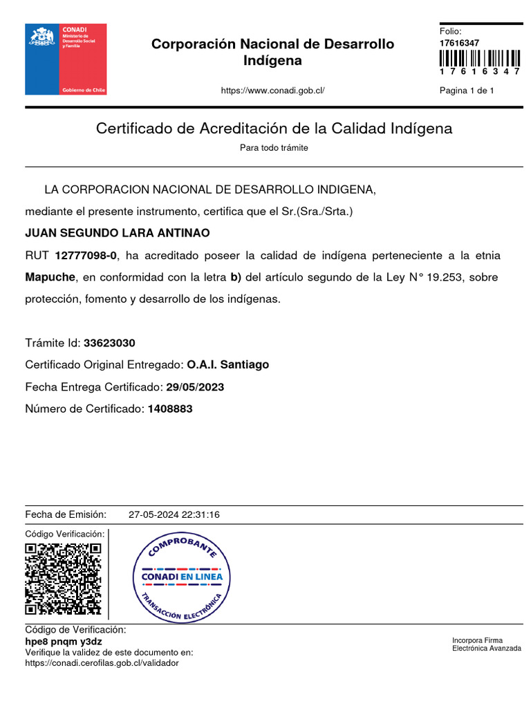 Conadi Conadi Obtener El Certificado de Acreditacion de La Calidad Indigena 17616347 | PDF