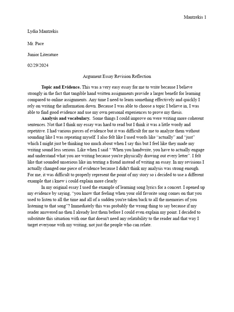 Lydia Mantzekis - Argument Essay Revision Reflection | PDF