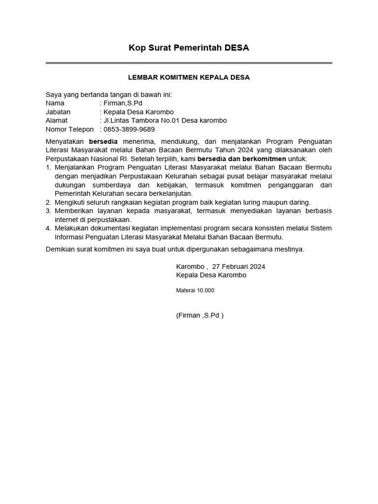 Surat Komitmen Kepala Desa Karombo | PDF