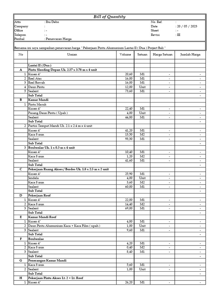 Rab Kosong Pek Pintu Kaca Lantai II Revisi III Project Bali | PDF