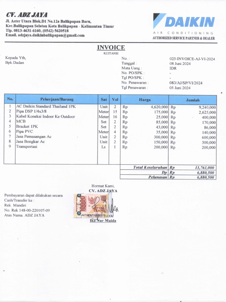 Invoice Pengadaan Dan Pemasangan Ac Pak Dadan | PDF