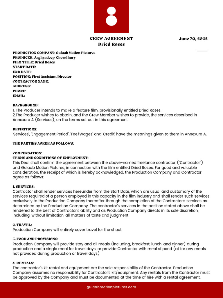 Crew Contract First Assistant Director. | PDF | Breach Of Contract ...