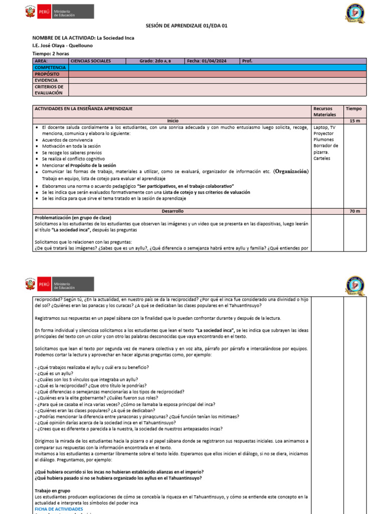 Sesión de Aprendizaje Modelo 2024 | PDF | Imperio Inca
