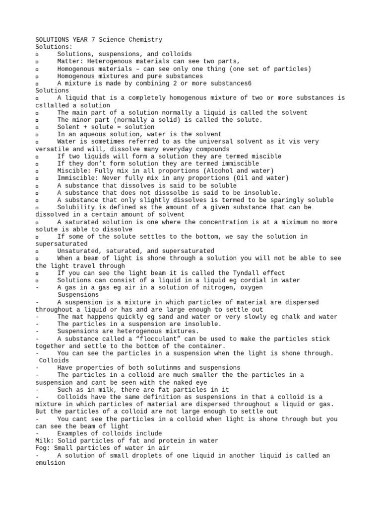 Year 9 Chemistry Notes | PDF | Mixture | Suspension (Chemistry)