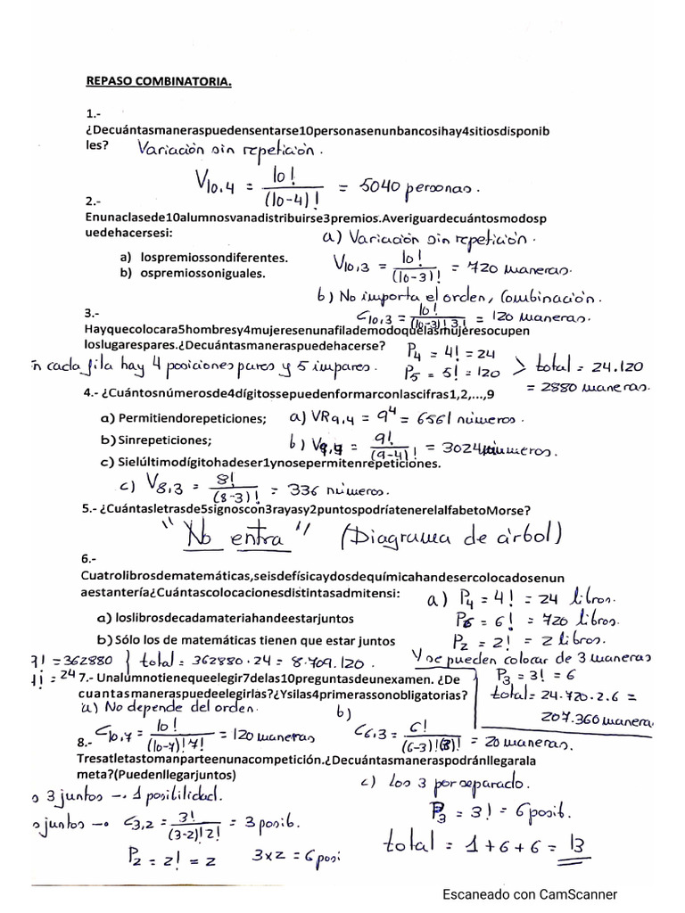 Soluciones Ficha de Probabilidad y Combinatoria | PDF