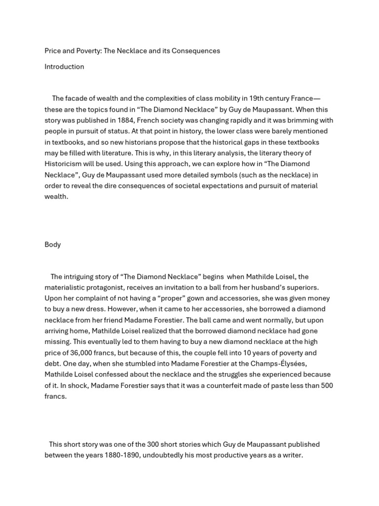 The Necklace - Literary Analysis | PDF