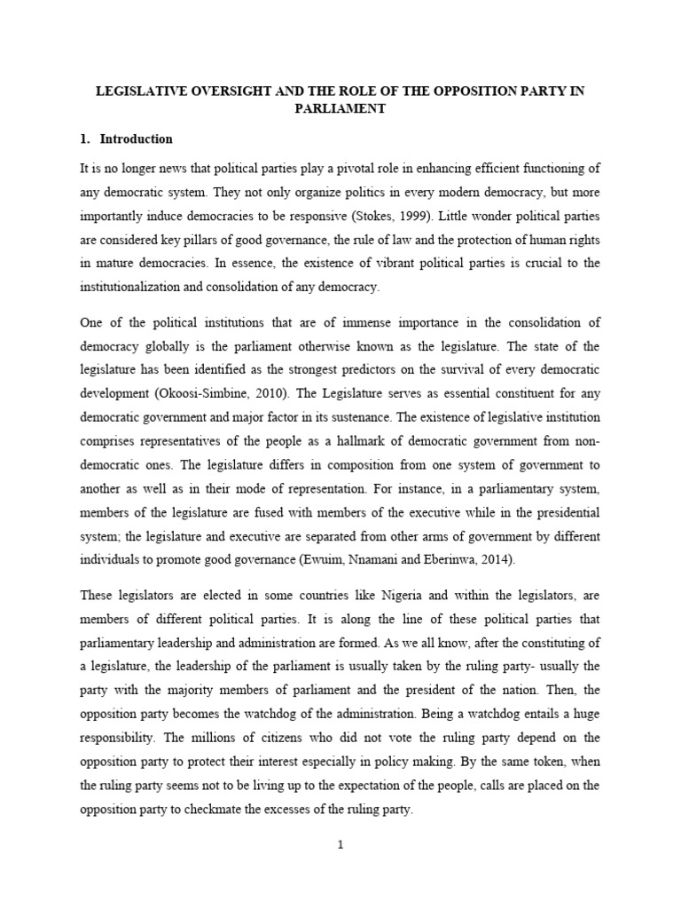 Legislative Oversight and The Role of The Opposition Party in ...