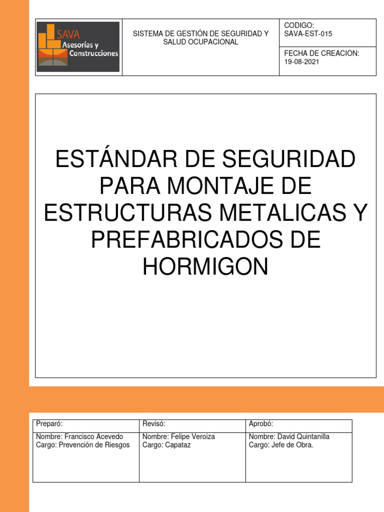 Sava-Est-015 Estándar de Seguridad para Montaje de Estructuras Metalicas y Prefabricados de ...