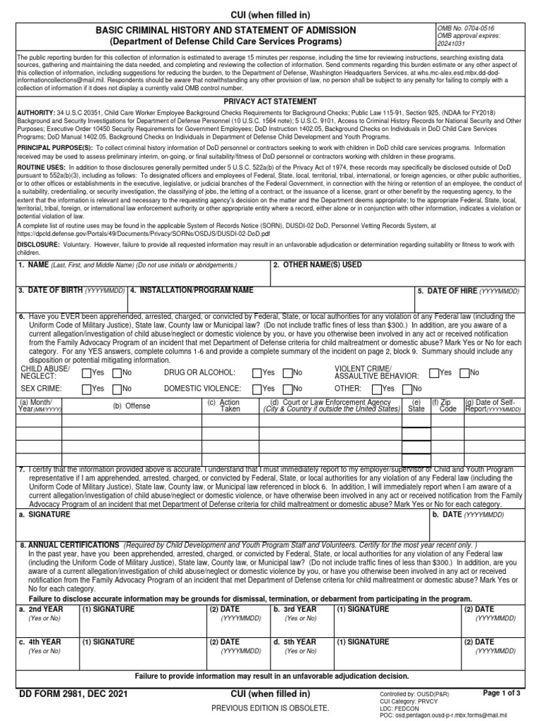 Blank-DD2981 (Expires 31 Oct 2024) | PDF | Child Abuse | Criminal Record