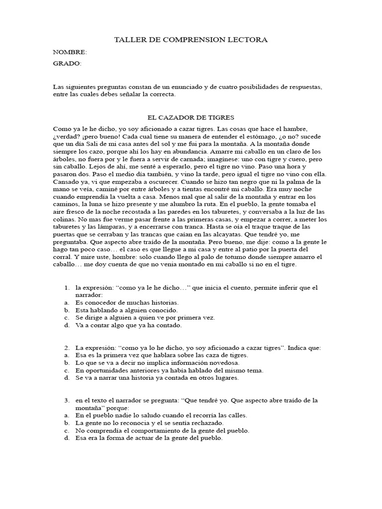 TALLER DE COMPRENSION LECTORA. | PDF TALLER DE COMPRENSION LECTORA. | PDF