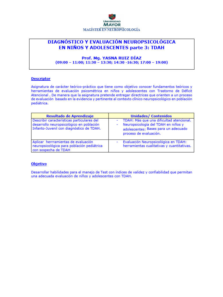 Programa parte 3 TDAH Diagn y Eval Neuropsicológica Infanto juvenil | PDF | Desorden hiperactivo ...