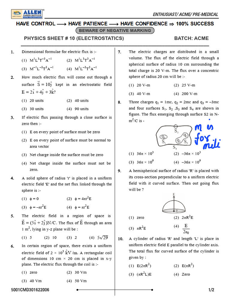 DPP-10 Electrostatics - 240430 - 215306 | PDF | Flux | Sphere