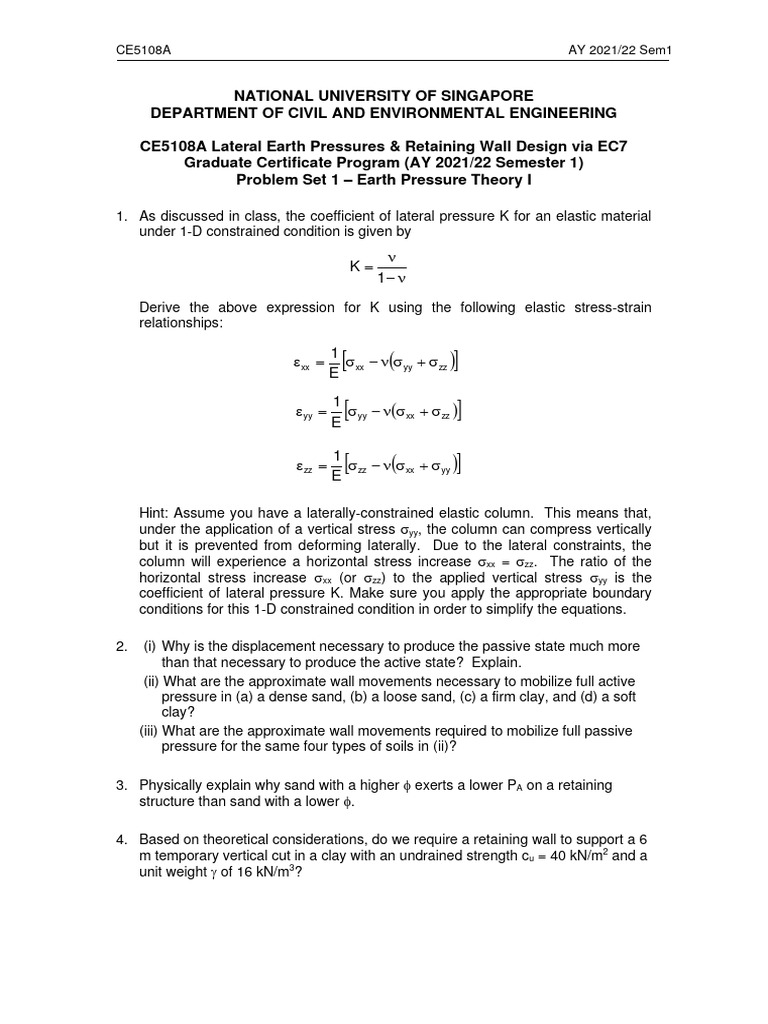 CE5108A Problem Set 1 - Earth Pressure Theory I | Download Free PDF | Deformation (Engineering ...