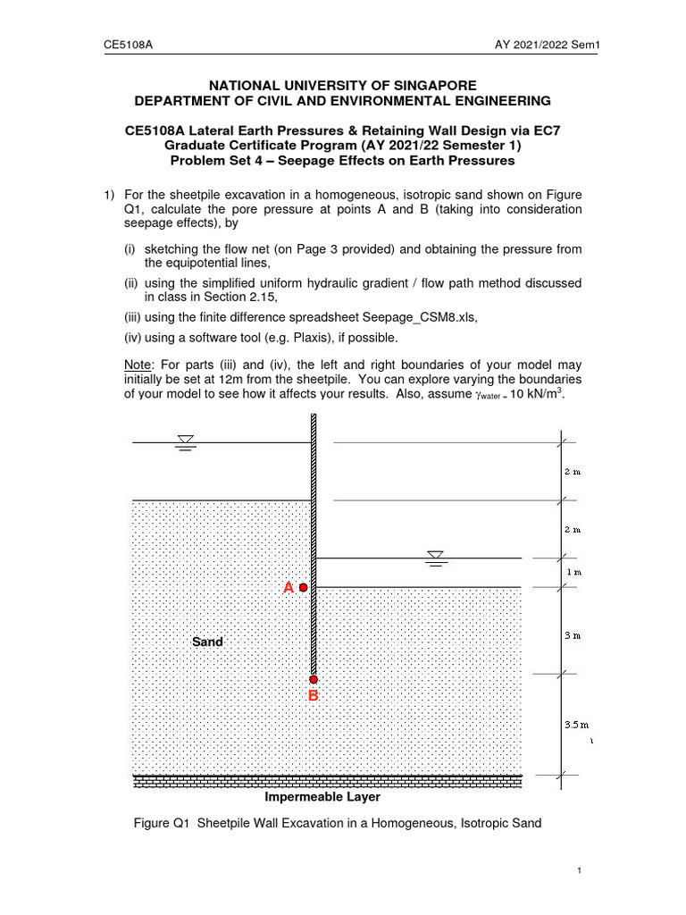 CE5108A Problem Set 4 - Seepage Effects On Earth Pressures | PDF | Soil Mechanics | Continuum ...
