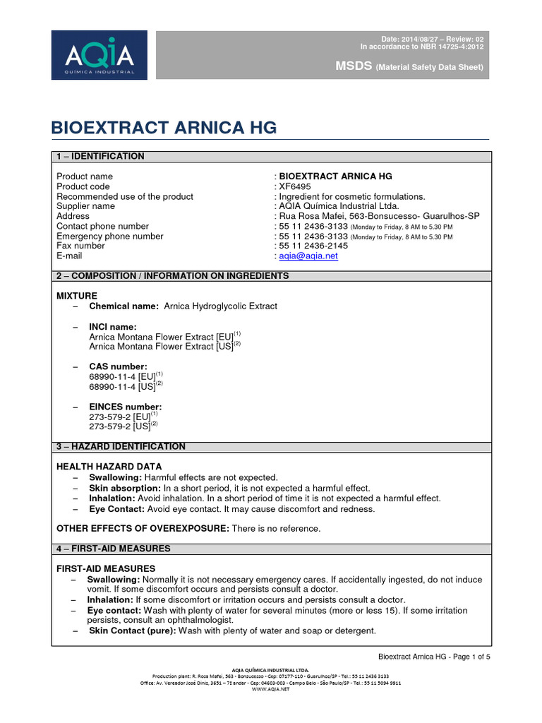Bioextract Arnica HG MSDS Guide | PDF | Waste Management | Dangerous Goods