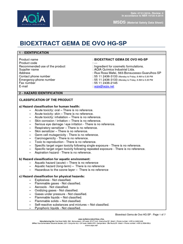 Bioextract Gema de Ovo HG SP - Msds Export | PDF | Toxicity | Dangerous ...