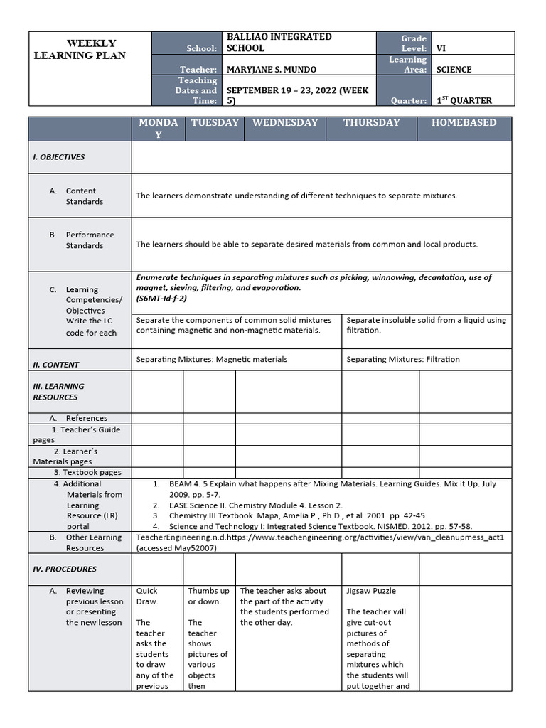 DLL - Science 6 - Q1 - W5 | PDF | Learning | Behavior Modification