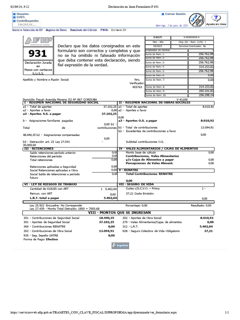 Declaración Formulario F.931 AFIP | PDF