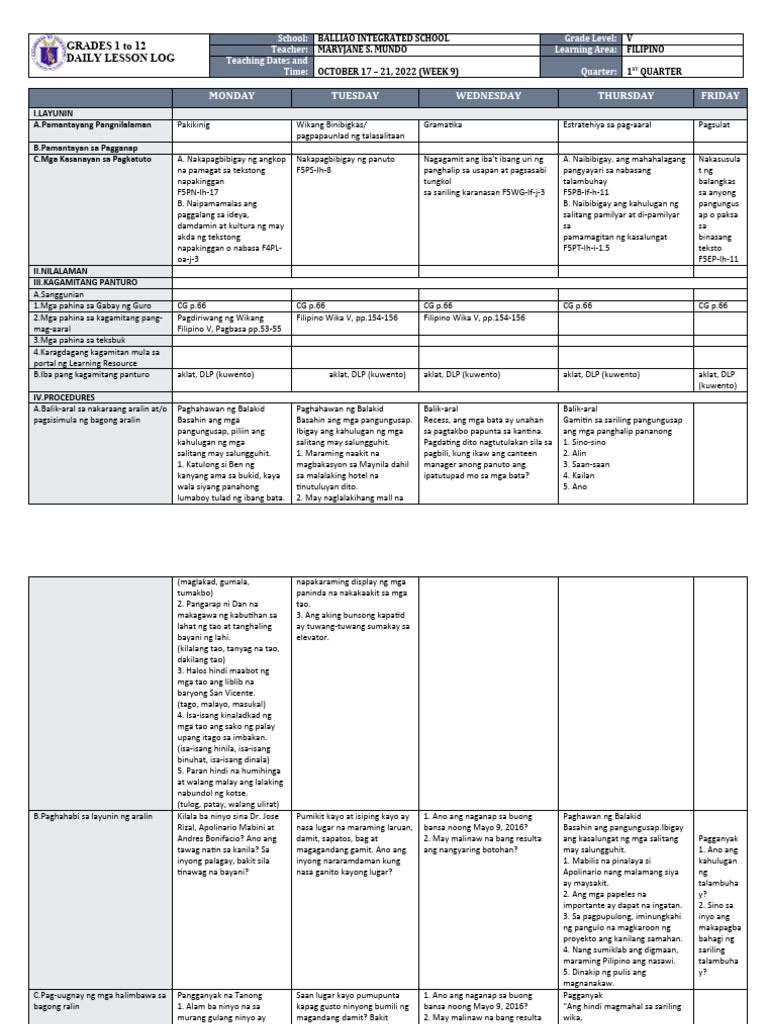 DLL - Filipino 5 - Q1 - W9 | PDF