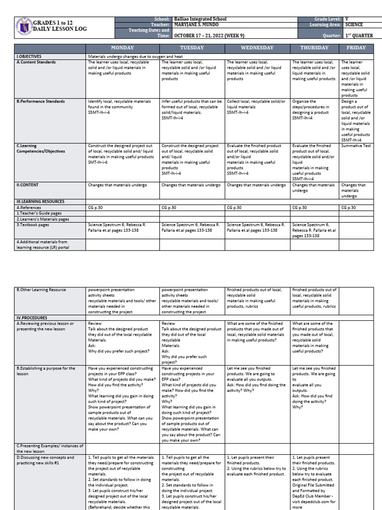 DLL - Science 5 - Q1 - W9 | PDF | Differentiated Instruction | Learning