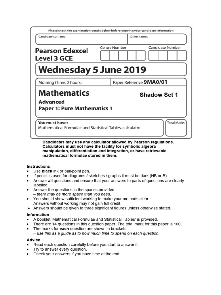 9MA0-01 AL Pure 1 June 2019 Shadow Paper | PDF | Equations | Mathematics