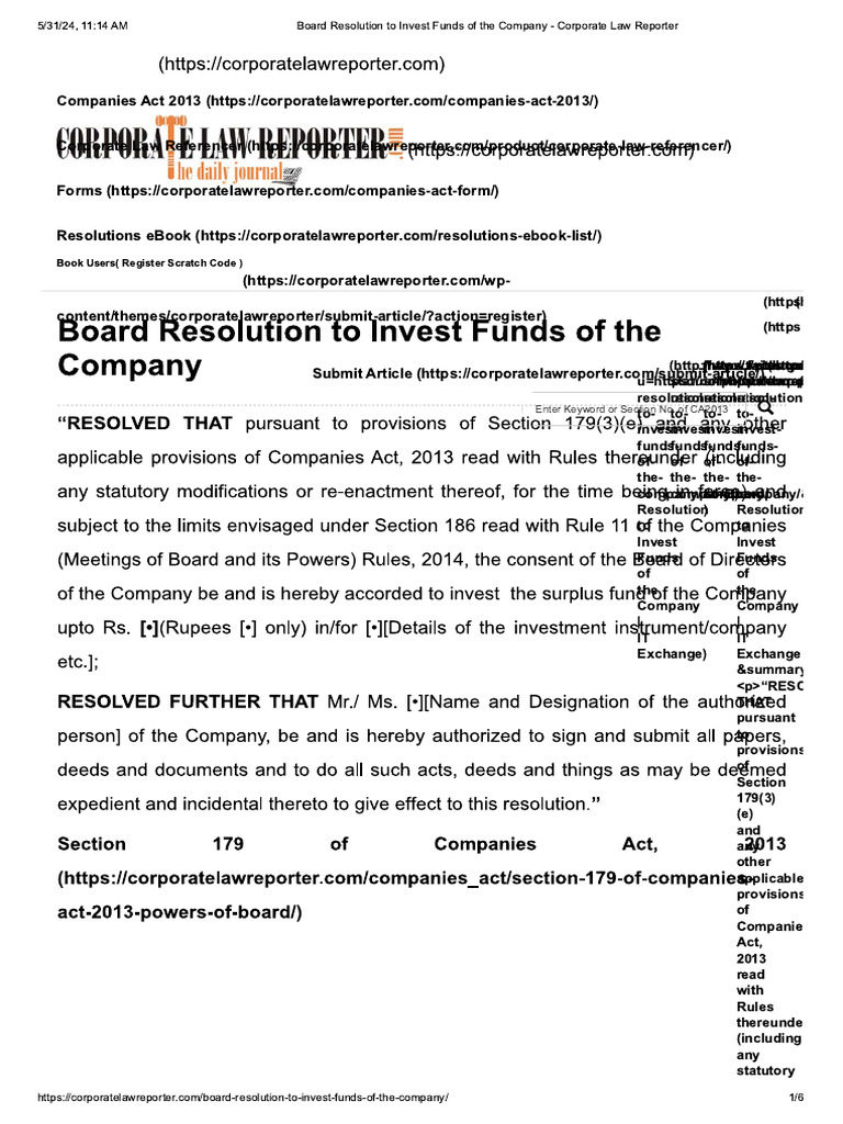 Board Resolution To Invest Funds of The Company - Corporate Law ...