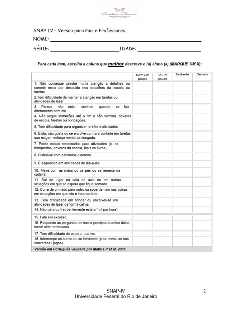 SNAP IV para Pais e Professores | PDF | Bem-estar