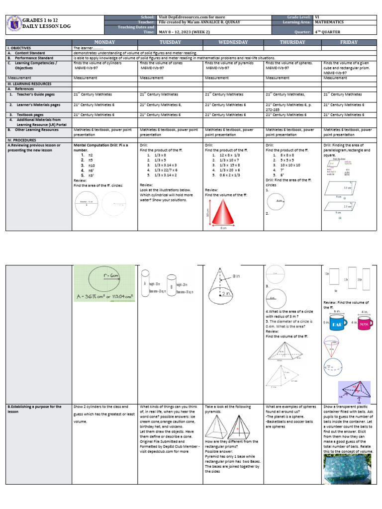 Detailed Lesson Plan MATHEMATICS 6 - Q4 - W2 | PDF | Volume | Area