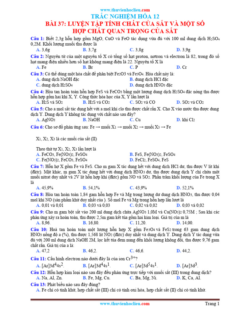 Thuvienhoclieu.com Hoa 12 Bai 37 Luyen Tap Tinh Chat Cua Sat Va Hop Chat | PDF