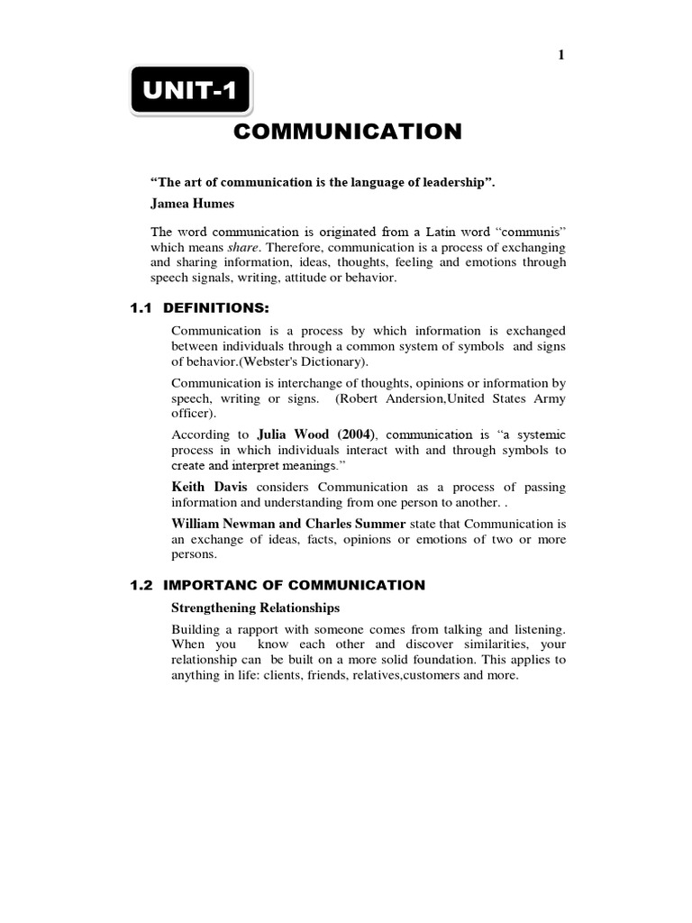 UNIT-I COMMUNICATION (1) | PDF | Nonverbal Communication | Communication