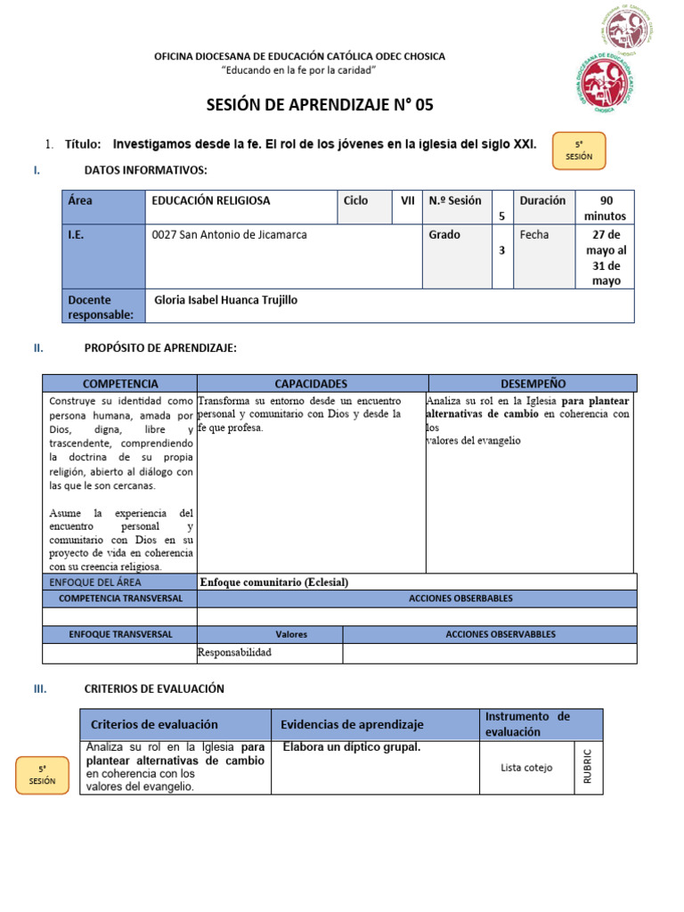 SESION 5 3RO SEC El Rol de Los Jóvenes en La Iglesia Del Siglo XXI. | PDF | Evaluación | Aprendizaje