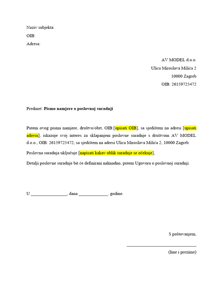 Pismo Namjere o Poslovnoj Suradnji - Špranca | PDF Pismo Namjere o Poslovnoj Suradnji - Špranca | PDF