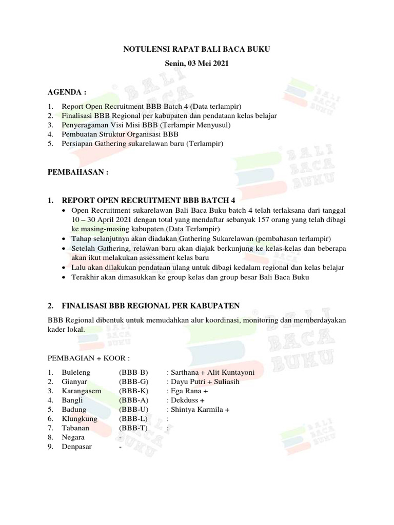 Notulensi Rapat Bali Baca Buku 3 Mei 2021 | PDF