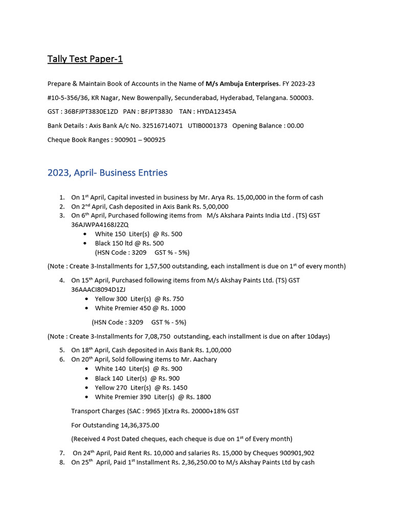 Tally+Test+Paper 1 | Download Free PDF | Cheque | Accounts Payable