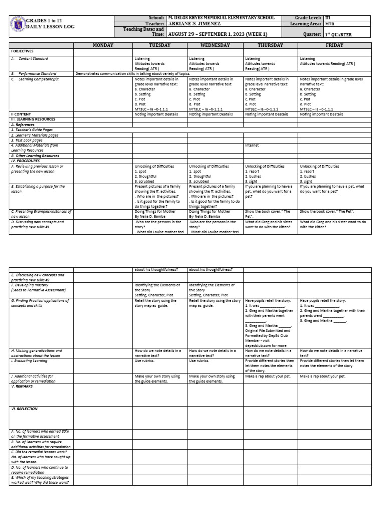 DLL - MTB 3 - Q1 - W1 | PDF | Learning | Human Communication