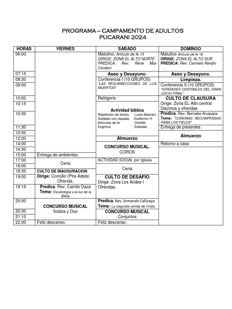 Programa Campamento de Adulto 2024 | PDF | Creencia religiosa y doctrina | Creencia y doctrina ...
