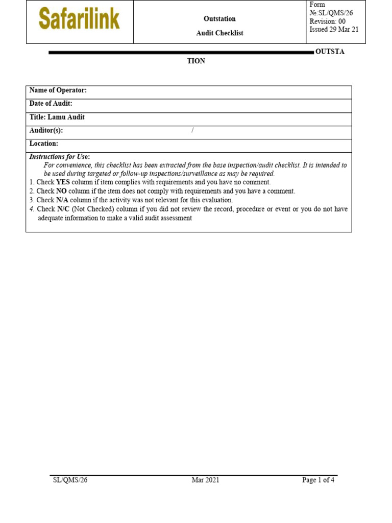 SL-QMS-26 Outstation Audit Checklist | PDF | Audit | Aviation