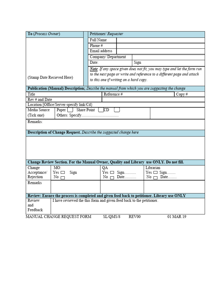 SL-QMS-08 Manual Change Request Form | PDF