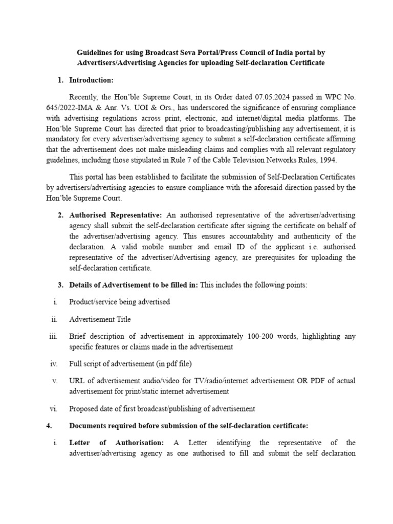 Guidelines For Advertisers W.R.T. Self-Declaration Certificate | PDF ...