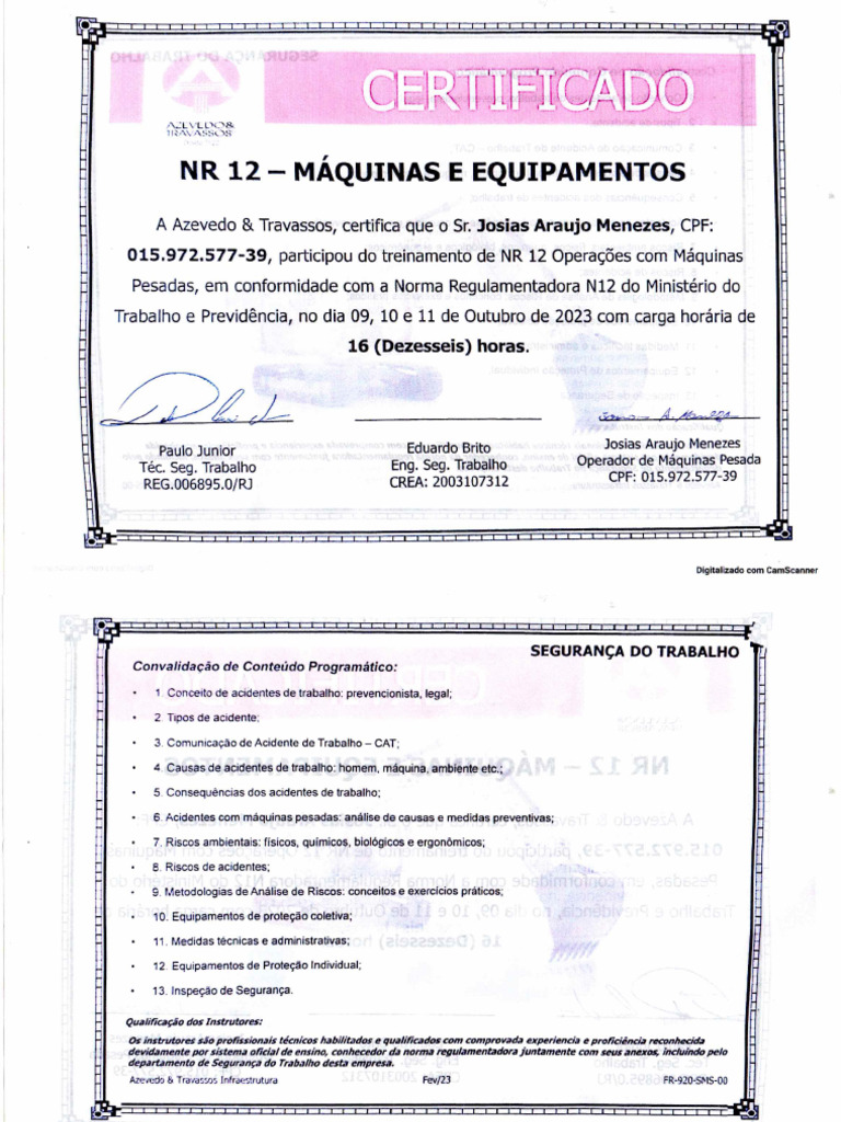 Certificado NR 12 Josias Araújo Menezes | PDF