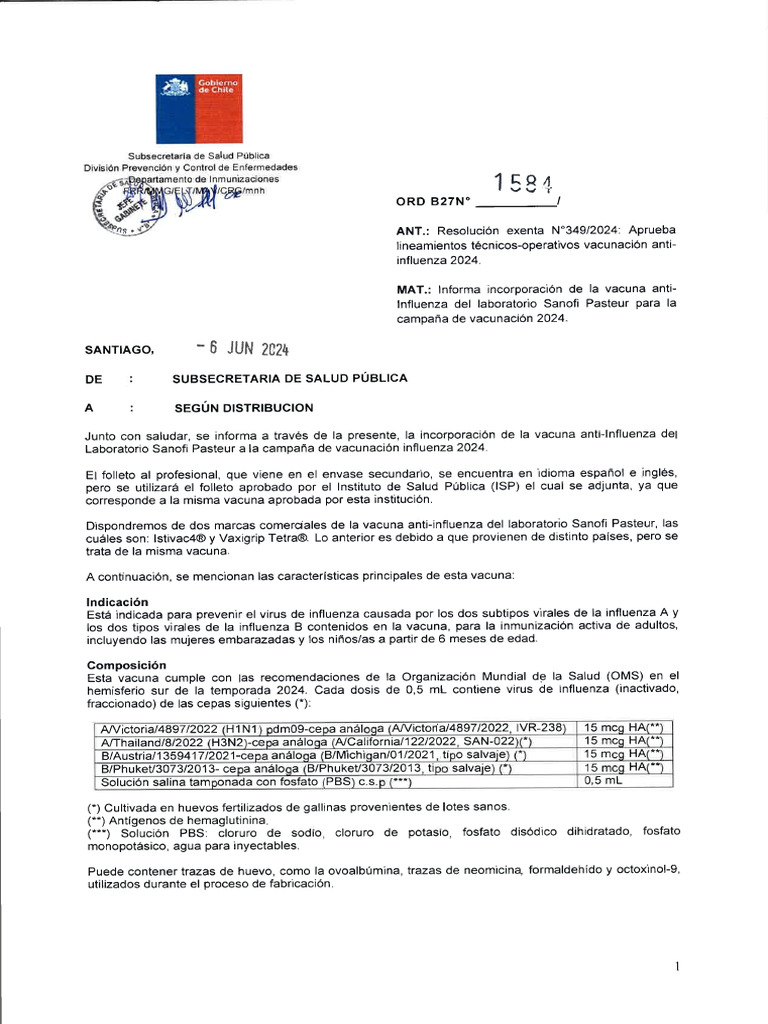 6.06.2024 1584-Ord-Incorporacion-Vacuna-Influenza-Lab-Sanofi-2024 | PDF