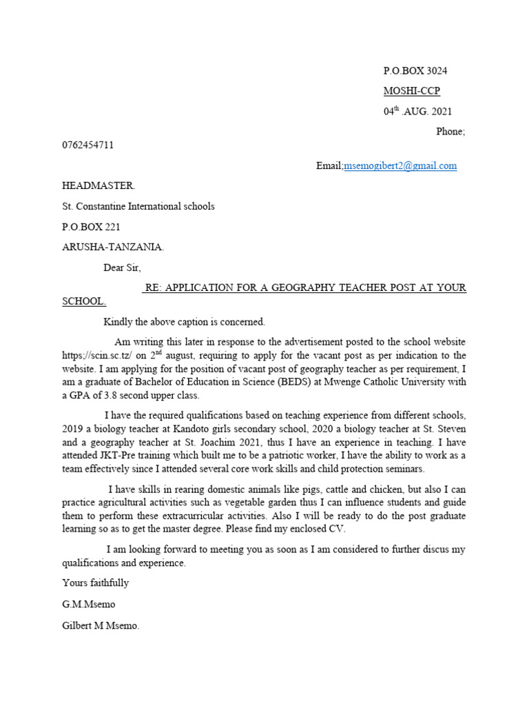 A Sample of Application Later-1-1 | PDF | Teachers | Learning